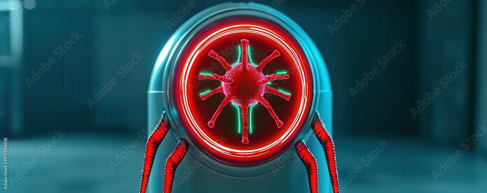 Virus containment pod, neon lights, holographic biohazard alerts ...