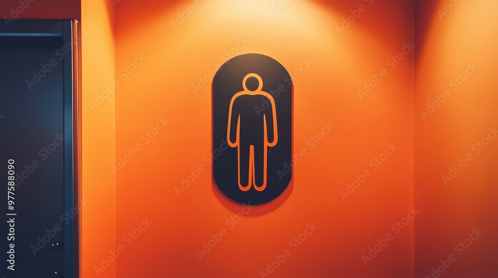 A minimalist menas restroom sign in black on a bold orange background ...