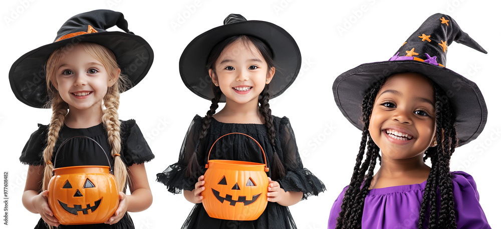 Little girls in Halloween witch costumes and makeup, happy to celebrate ...