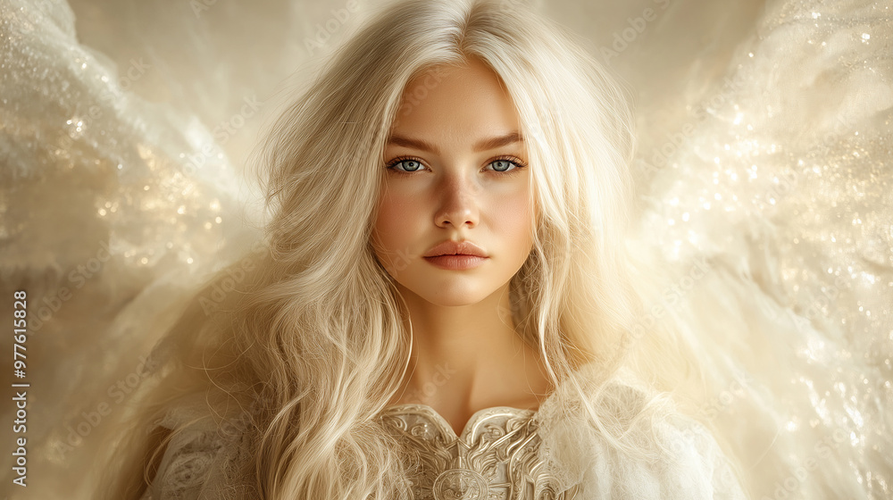 A majestic Valkyrie with long blonde hair and piercing blue eyes ...