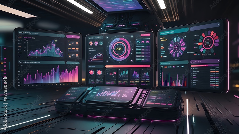 Computer monitor displaying an abstract network monitoring dashboard with real-time data ...