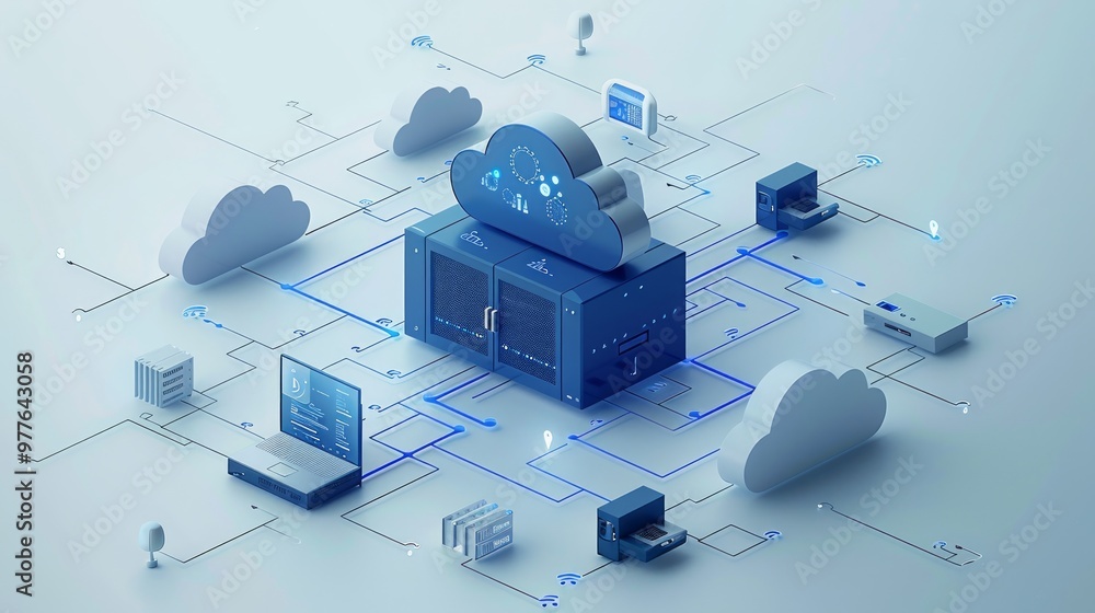 A blue isometric illustration of cloud computing with several devices ...