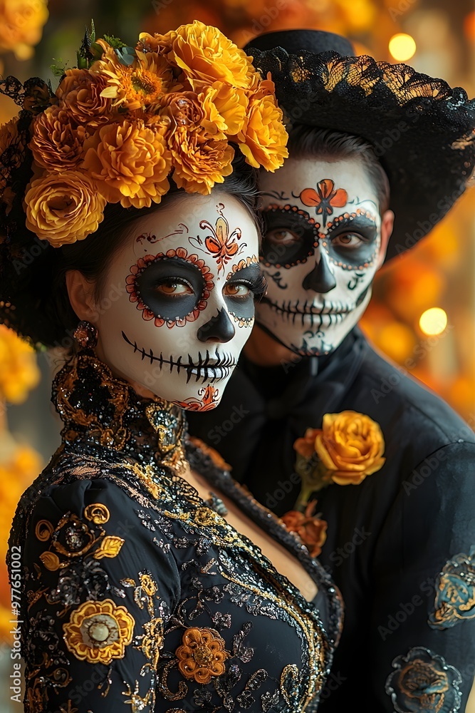 Una pareja joven disfrazados como calaveras Catrin y Catrina en el dia ...