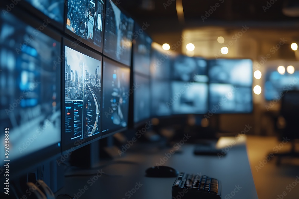 Security center control room monitoring multiple screens showing cctv footage with maps and data ...