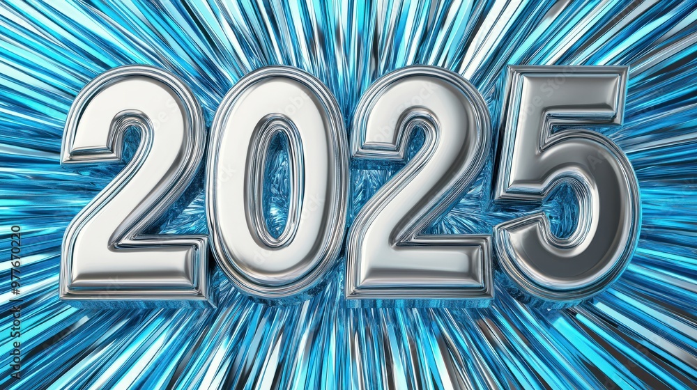 "2025" on an empty solid background with bright silver color, in a ...