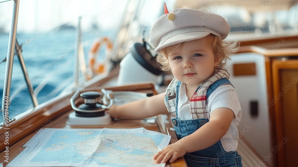 Child posing as a captain on a luxury yacht, charting a course on a map ...