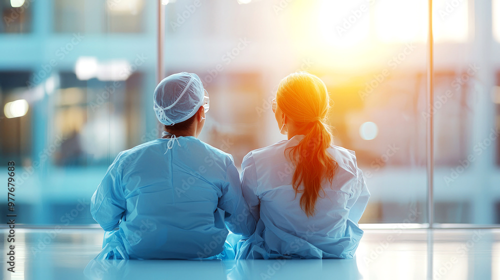 Surgeon and nurse taking a break together after an intense operation ...
