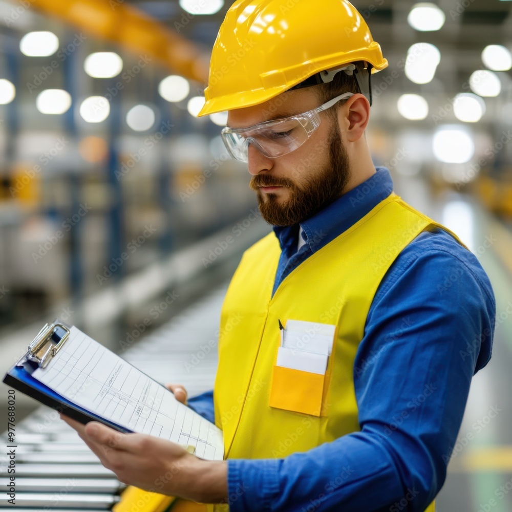 Engineer holding a checklist and marking products on an assembly line ...