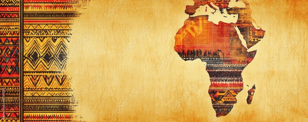 Stylized map of Africa with intricate tribal patterns on textured ...