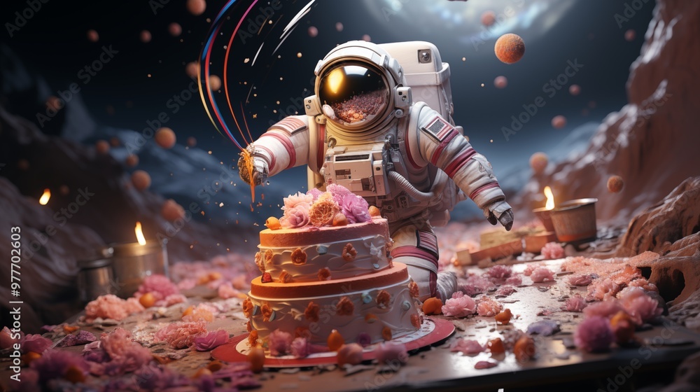 A pastel illustrated birthday party with a colorful delicious cake and ...