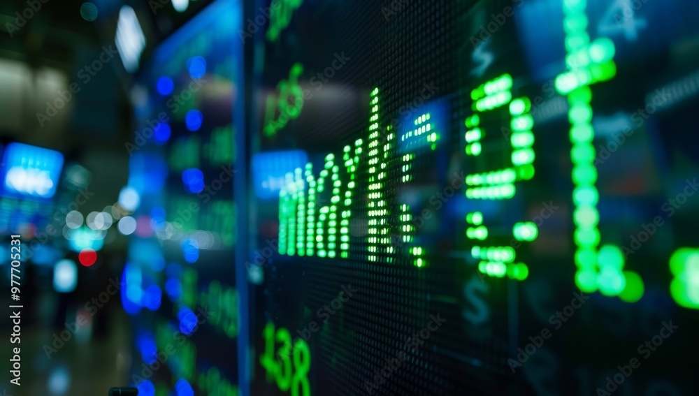 text " market signs" on stock exchange digital screen, numbers and ...