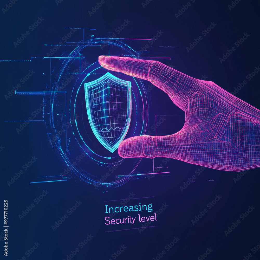 Raising Security Level. Cybersecurity concept. Wireframe hand adjusting ...