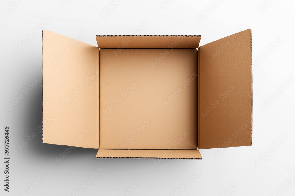 Top view of an open, empty cardboard box mockup on a light background ...