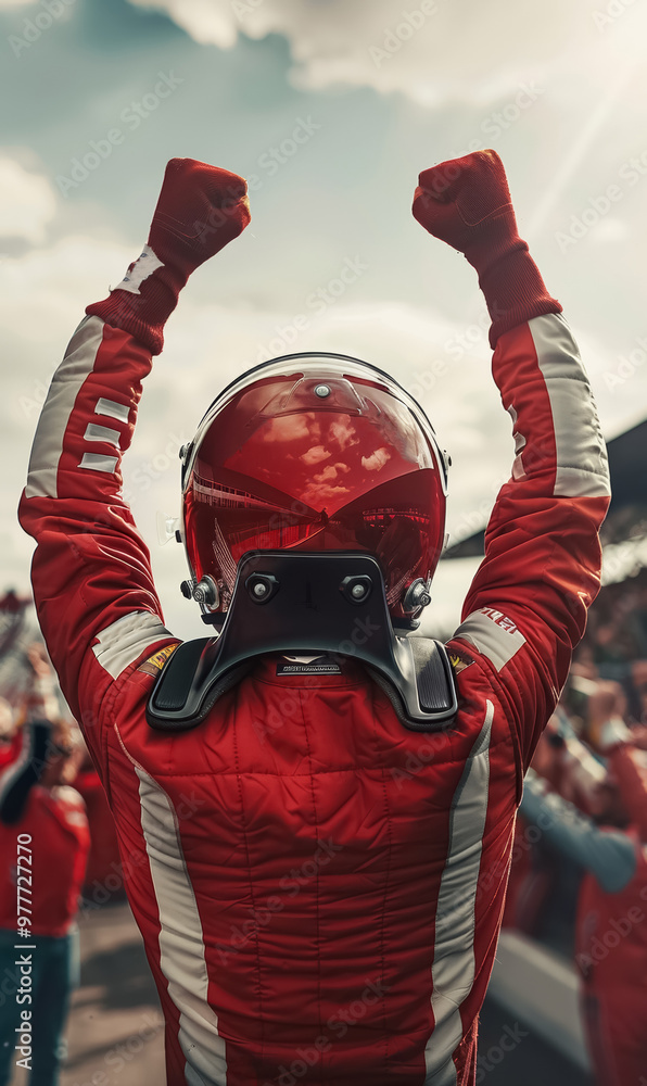 professional formula 1 racing driver pilot in red uniform and helmet ...