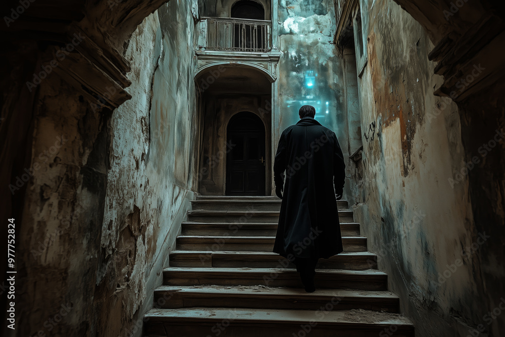 A mysterious figure clad in dark attire ascends the crumbling stairs of ...