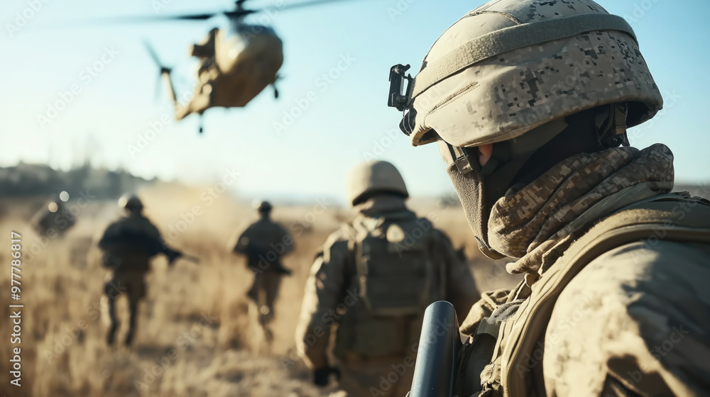 Group of soldiers in military uniforms conducting an operation in a ...