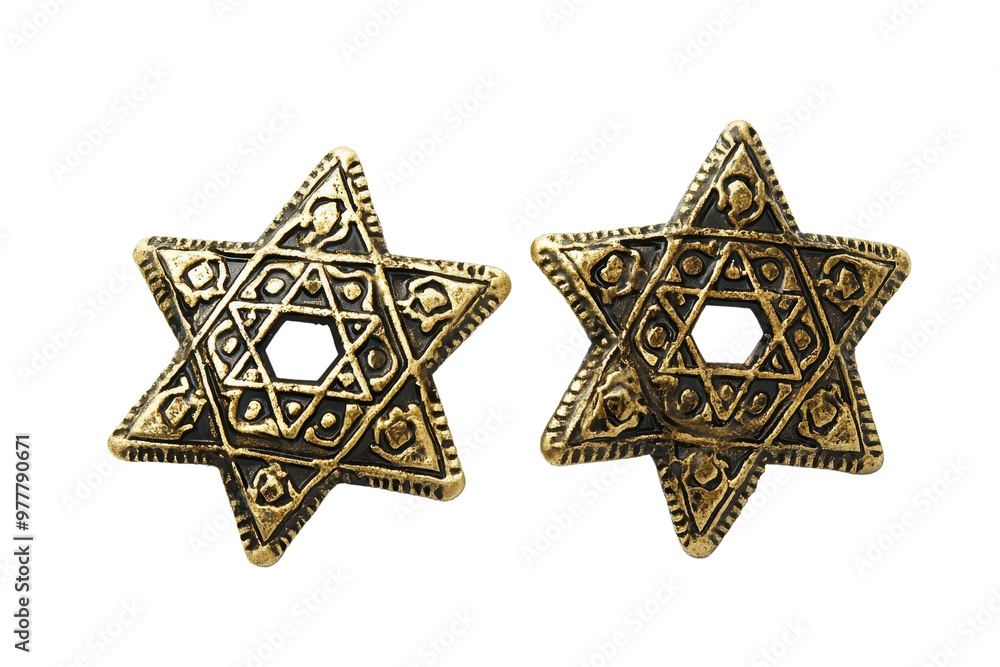 Two brass Star of David ornaments shown against a transparent ...