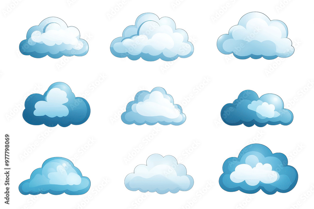 Set of nine cartoon-style clouds with various shapes and sizes, ideal ...