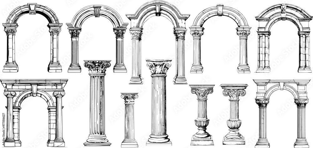 Vector vintage illustration set of a Roman arch with columns. Classic ...
