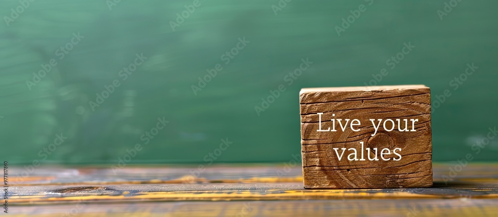 Message Live your values inscribed on a wooden block against a green ...