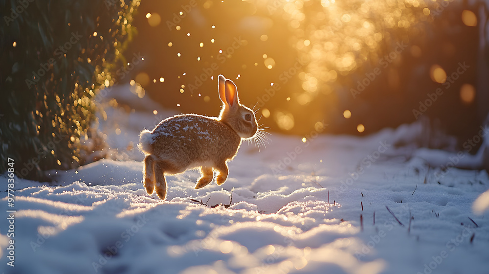 A rabbit hopping across a frosty garden leaving tiny paw prints in the ...