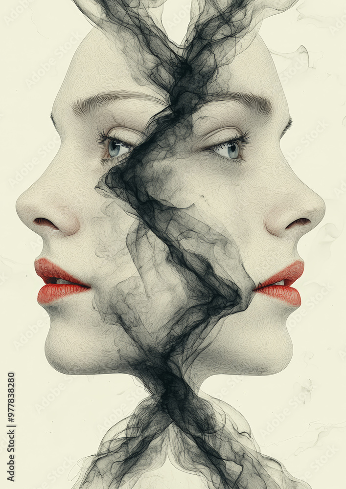 Surreal digital artwork depicting two faces in close proximity, one ...