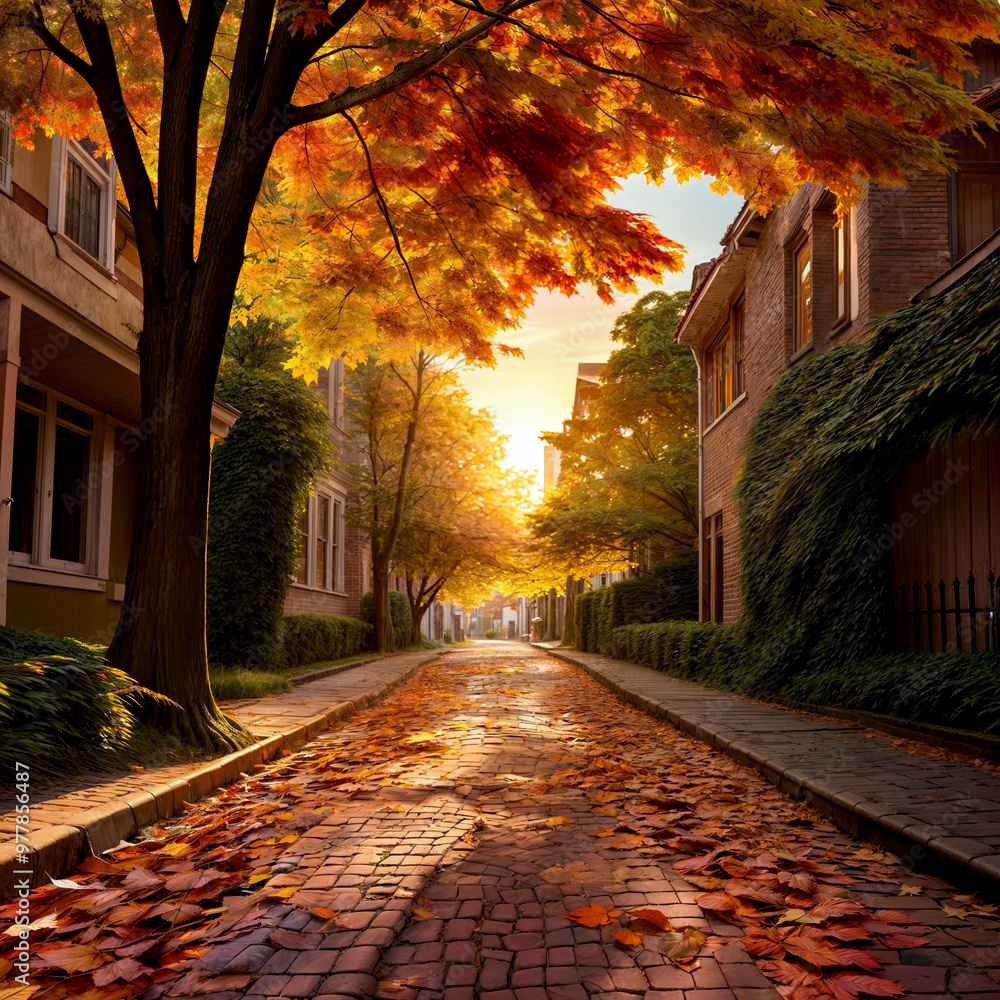 Autumnal laneway, golden sunset illuminating russet-hued leaves ...