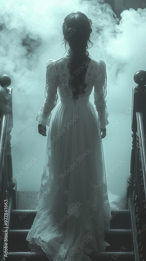 Ghostly woman on the stairs, shrouded in fog and mist, wearing a long ...