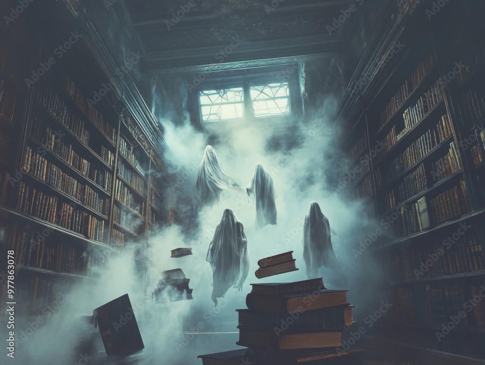 Ethereal Ghosts Amidst Dusty Bookshelves in a Haunted Library Stock ...