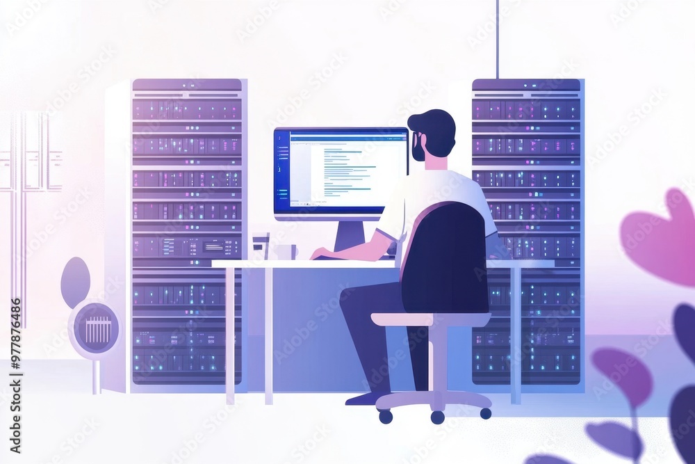 A wonderfully detailed flat illustration of a web host working at his ...