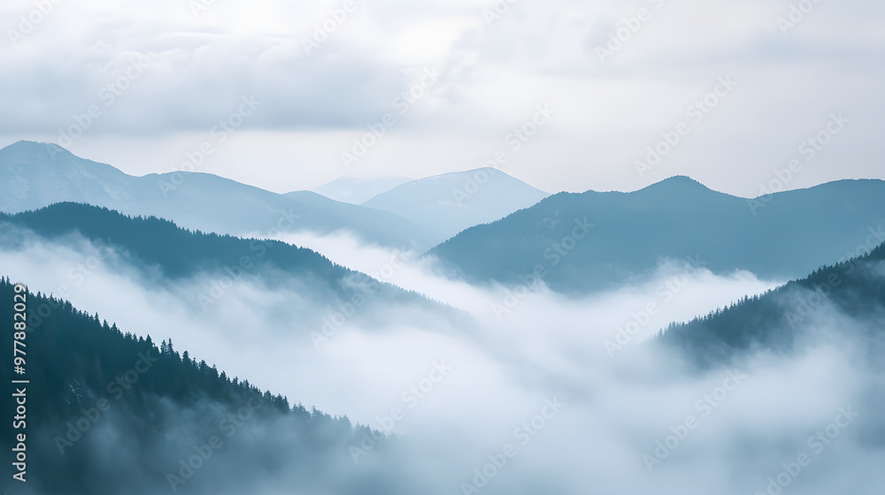 A misty mountain ridge with layers of peaks fading into the distance ...