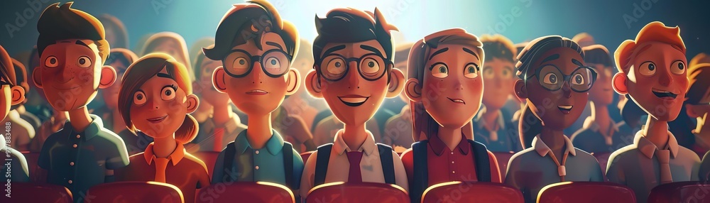 Charming 3D cartoon art of students rehearsing for a school theater ...