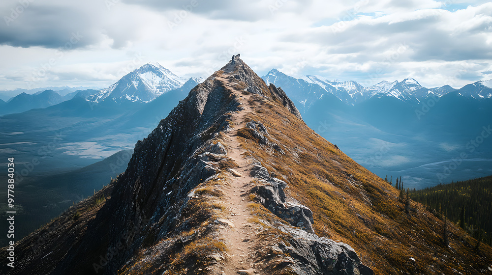 A narrow ridge trail leading up to a sharp mountain peak with expansive ...