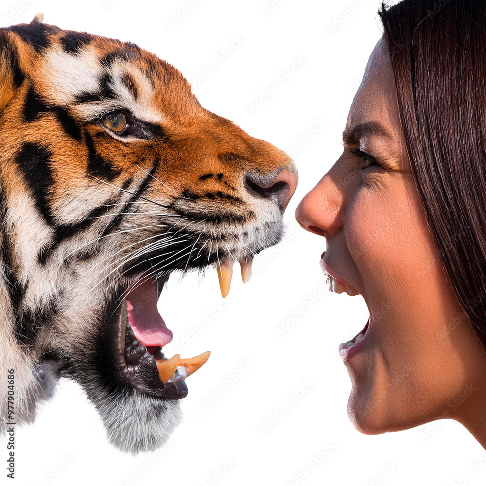 Profile of Angry tiger face roaring and open mouth, in front of a angry ...