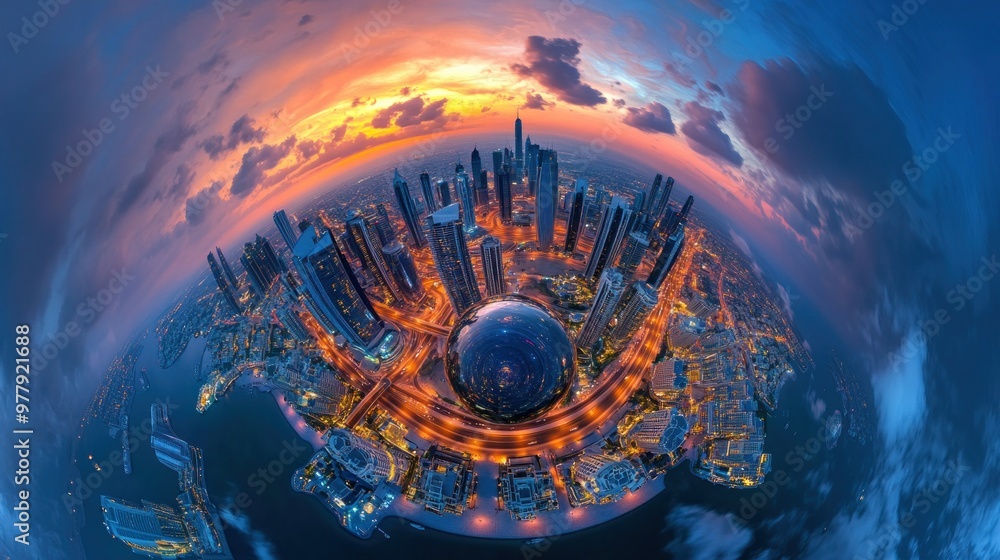 Dubai nighttime skyline with the Little Planet effect. panorama from ...