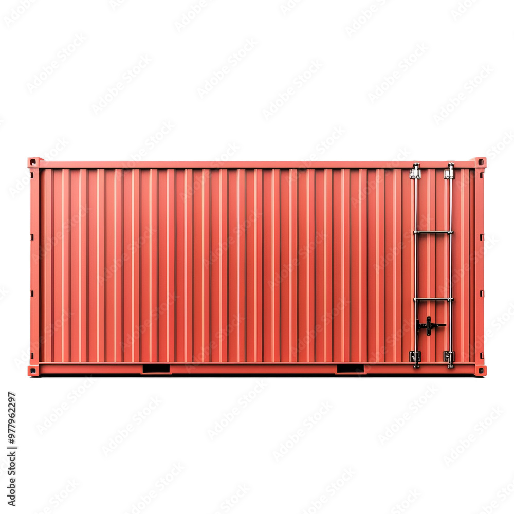 Red shipping container standing upright with slightly opened door, isolated on white background ...