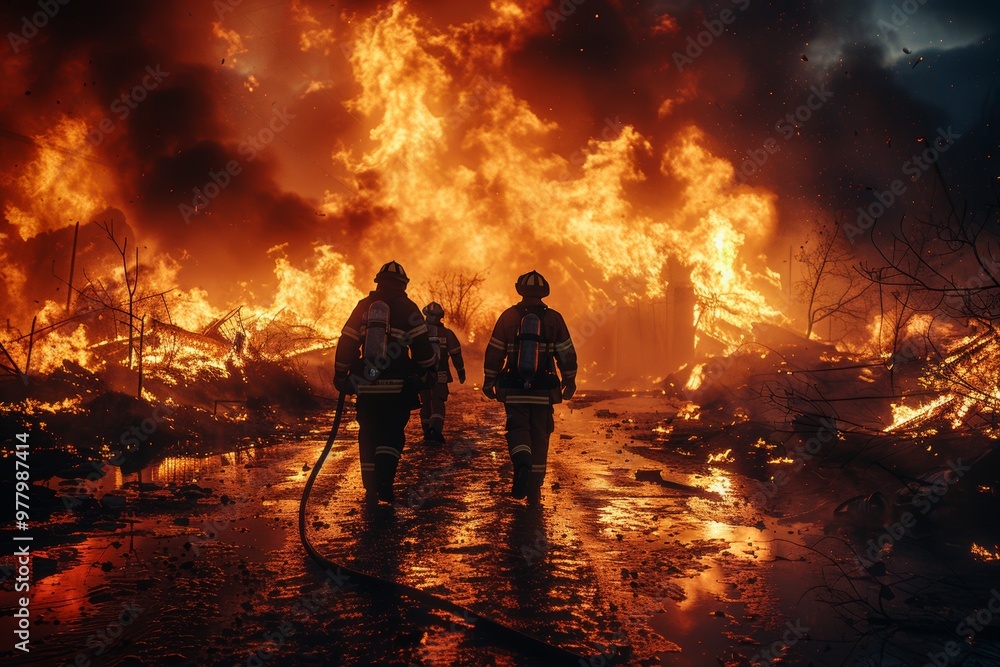 Firefighters battling a raging wildfire in a rugged natural setting ...