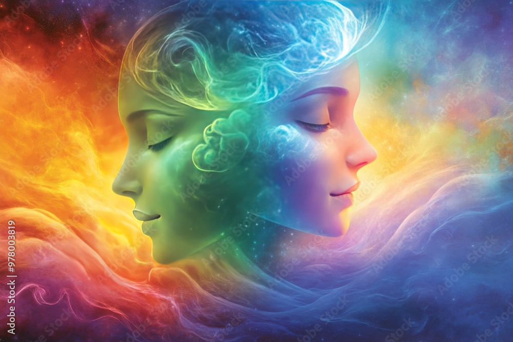 Womans Face in Colorful Clouds Representing Dreams Imagination and ...