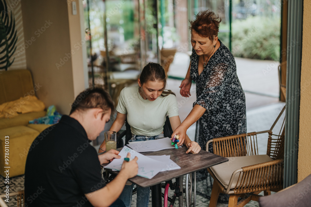 A young man with Down syndrome and a girl in a wheelchair draw and ...