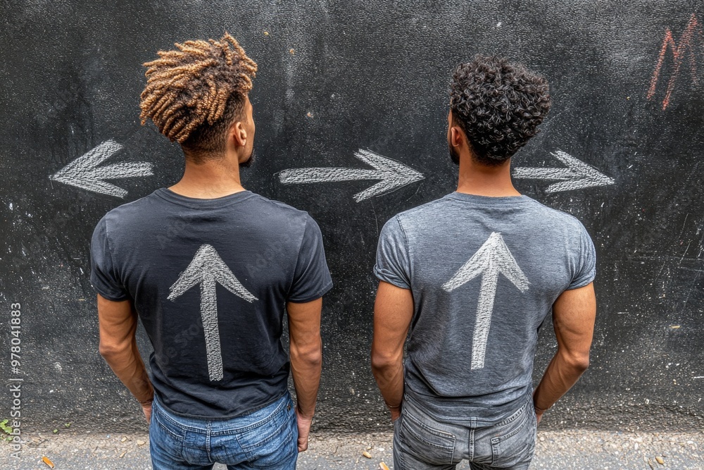 Two men standing back to back with arrows pointing in opposite ...
