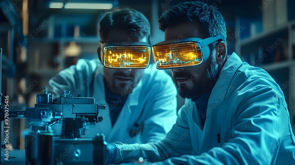 Engineers in a modern lab using augmented reality glasses to inspect ...