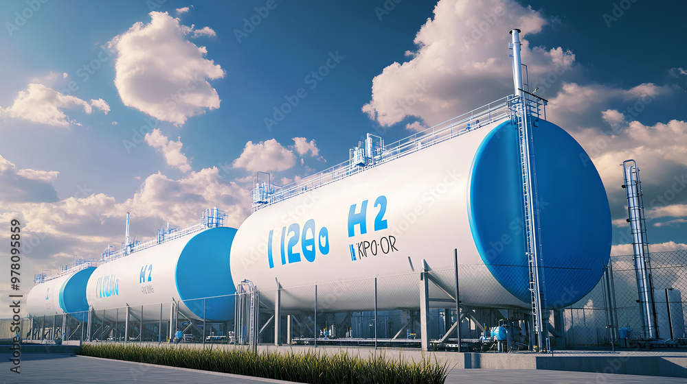 Large storage tanks with H2 and HYDROGEN labels on a blue sky ...