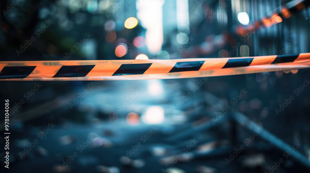 photo of stretched striped police tape against blurred city buildings ...