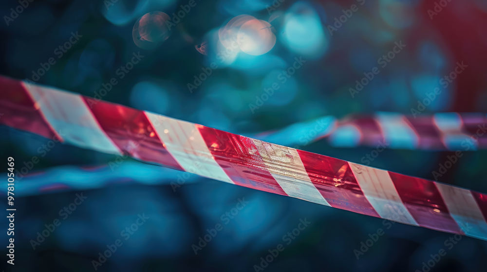 photo of stretched striped police tape against blurred city buildings ...