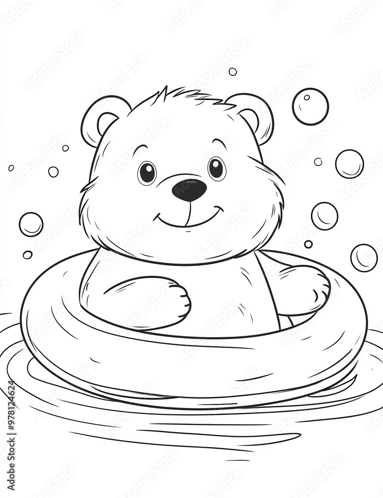 Cute teddy bear relaxing in the pool on an inflatable ring, a simple ...
