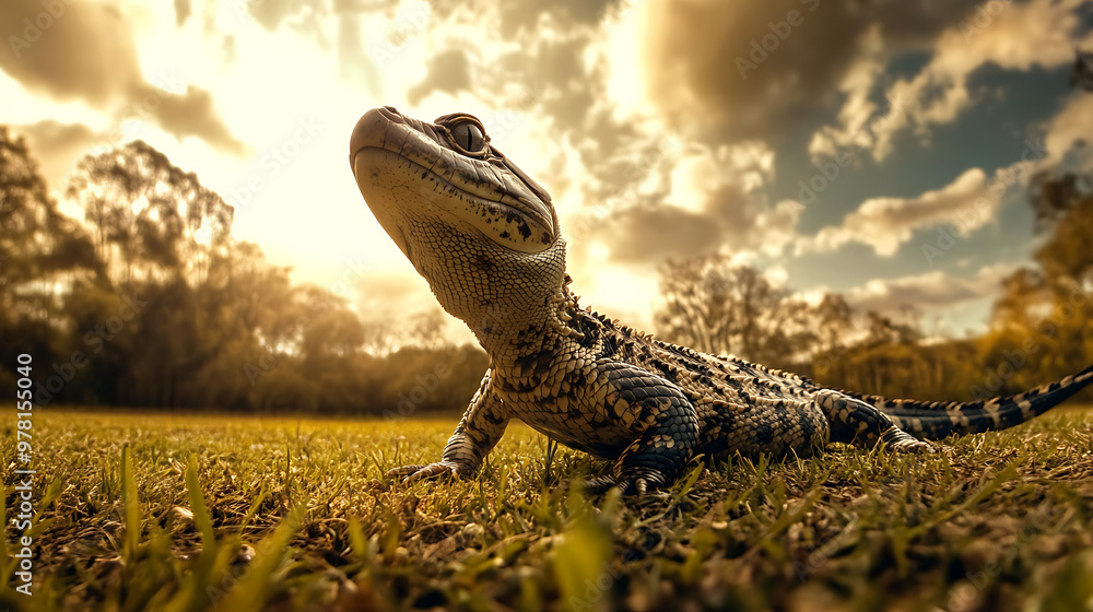Basking Dragon's Majesty: A sun-kissed alligator basks in the golden ...