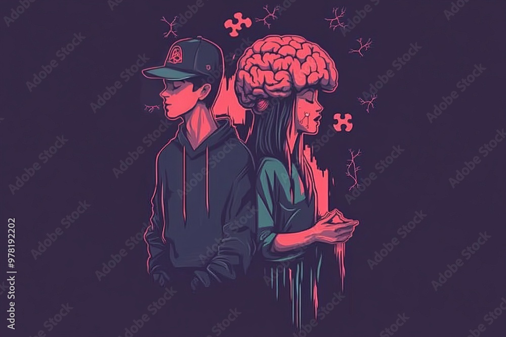 Couple surrounded by a glowing brain symbol illustrating intellectual ...
