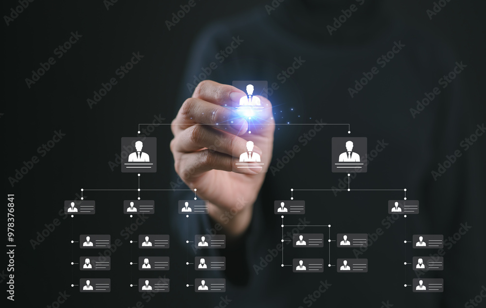 Ilustración de Stock Businesswoman touching organization chart on virtual interface screen ...