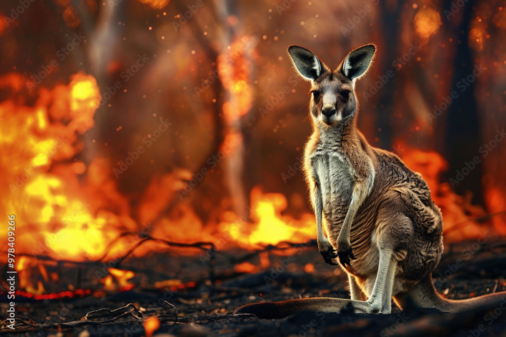 Silhouette of kangaroo in burning forest. Climate change and global ...