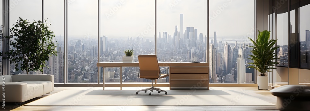 4. **A minimalist office space with large windows overlooking a city ...
